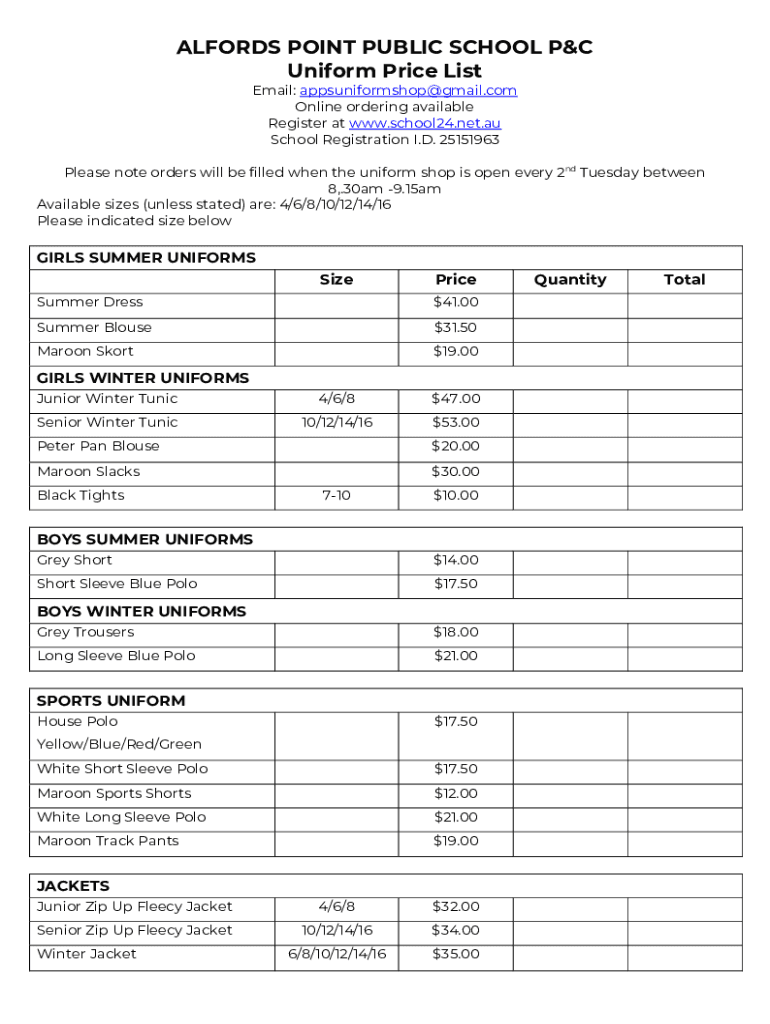 Fillable Online ALFORDS POINT PUBLIC SCHOOL P&C Uniform Price List Fax Email Print - pdfFiller