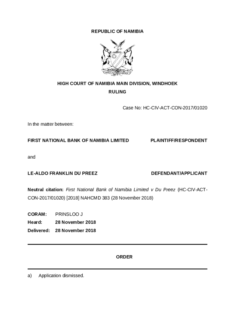 Fillable Online First National Bank of Namibia Limited v Du Preez (HC-CIV-ACT Fax Email Print ...