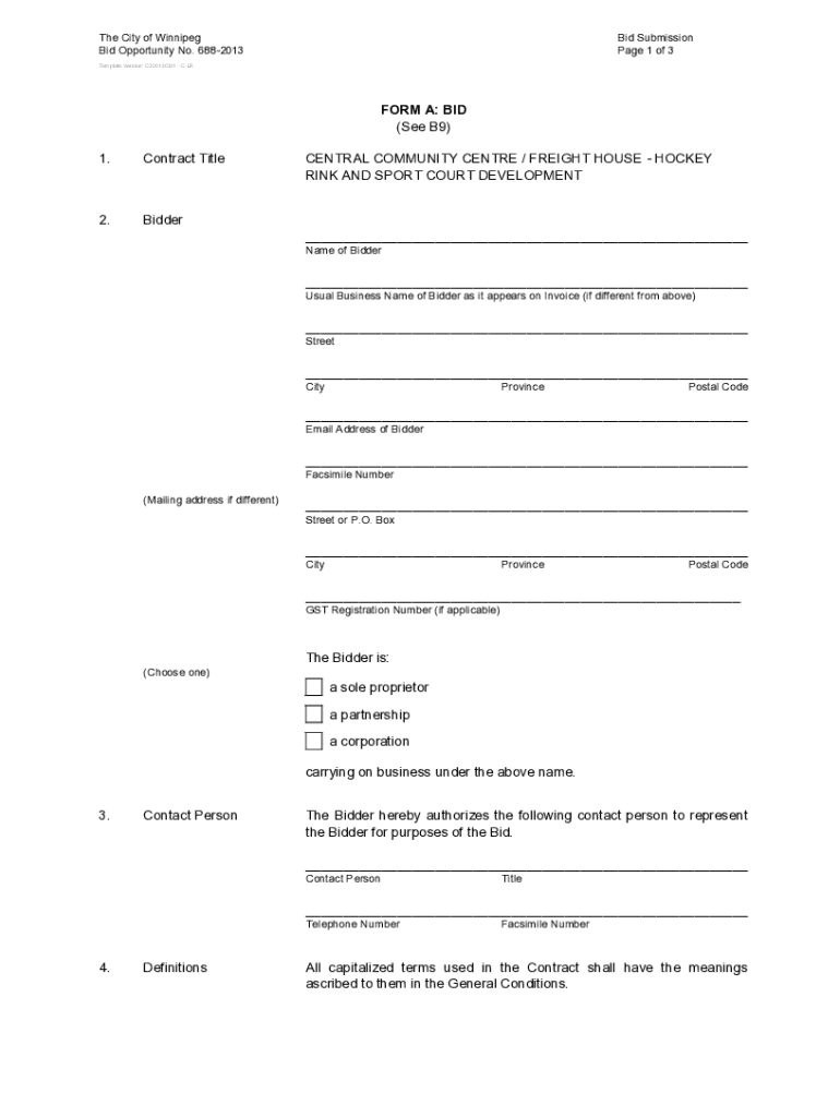 Fillable Online FORM A: BID (See B9) 1. Contract Title CENTRAL ... Fax ...
