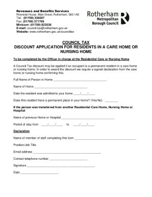 Fillable Online COUNCIL TAX DISCOUNT APPLICATION FOR RESIDENTS IN A ...