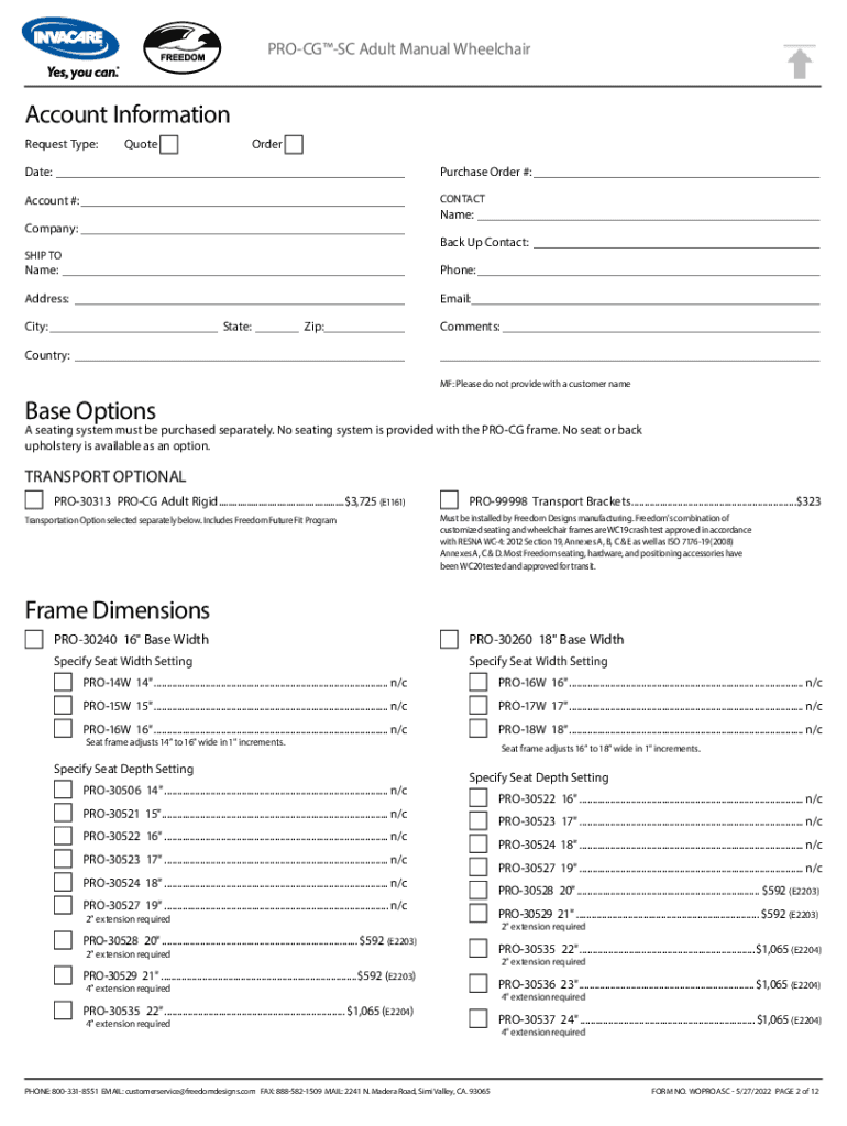 Fillable Online Freedom Designs PRO CG Tilt-In-Space Manual Wheelchair ...