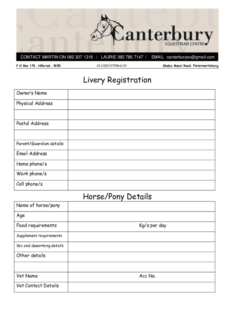 Fillable Online Livery Registration Horse/Pony Details Fax Email Print ...