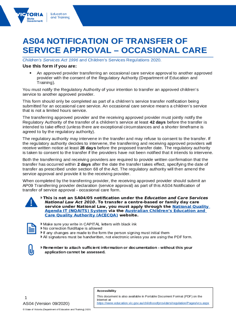 AS04 Notification of transfer of service approval occasional care Doc ...