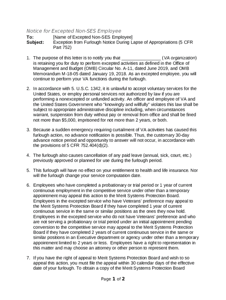 Notice for Excepted Non-SES Employee Doc Template | pdfFiller