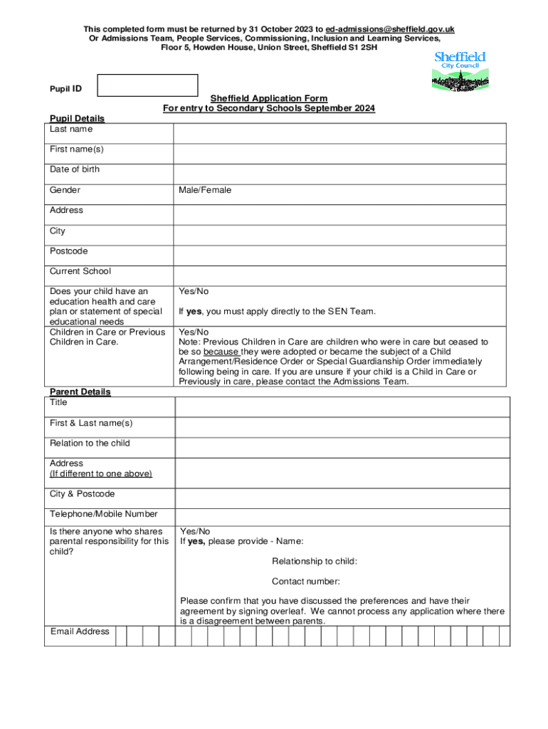 Fillable Online Admission September 2024 Application Pack received July ... Fax Email Print ...