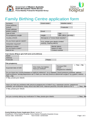 Family Birthing Centre application Doc Template | pdfFiller