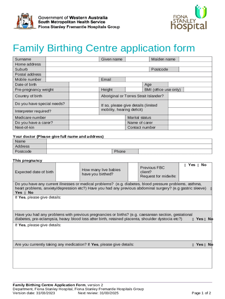 Family Birthing Centre application Doc Template | pdfFiller