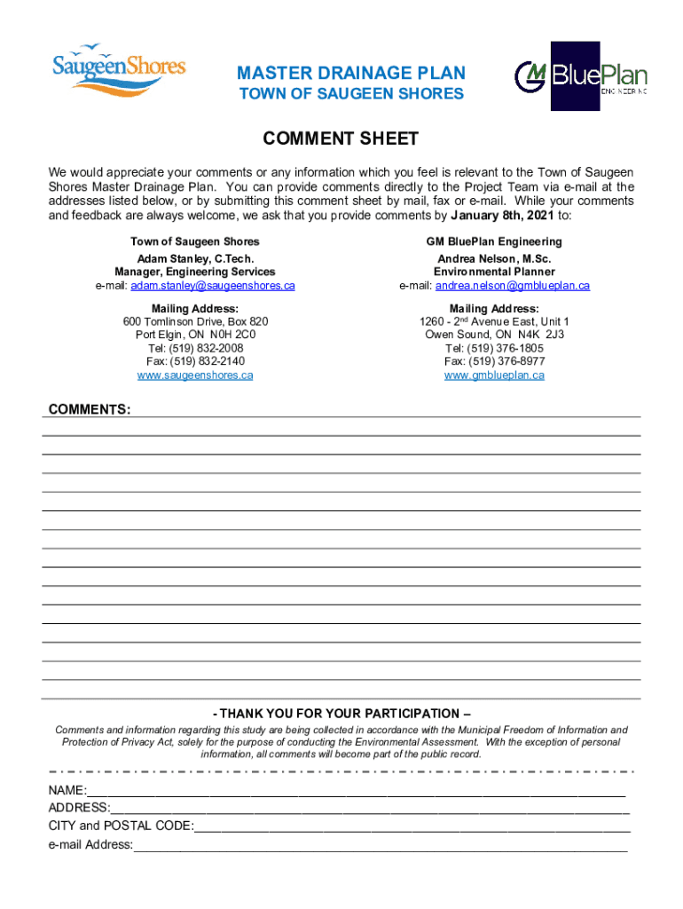 Fillable Online master drainage plan - town of saugeen shores - comment sheet Fax Email Print ...