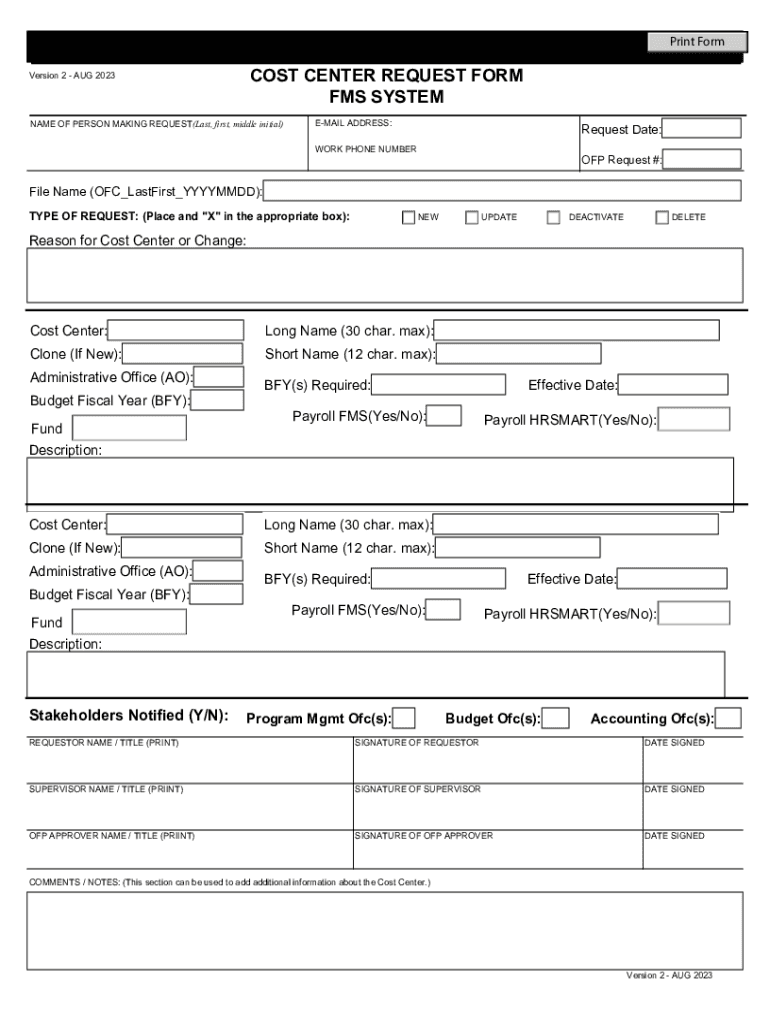 Fillable Online COST CENTER REQUEST FORM FMS SYSTEM Fax Email Print - pdfFiller