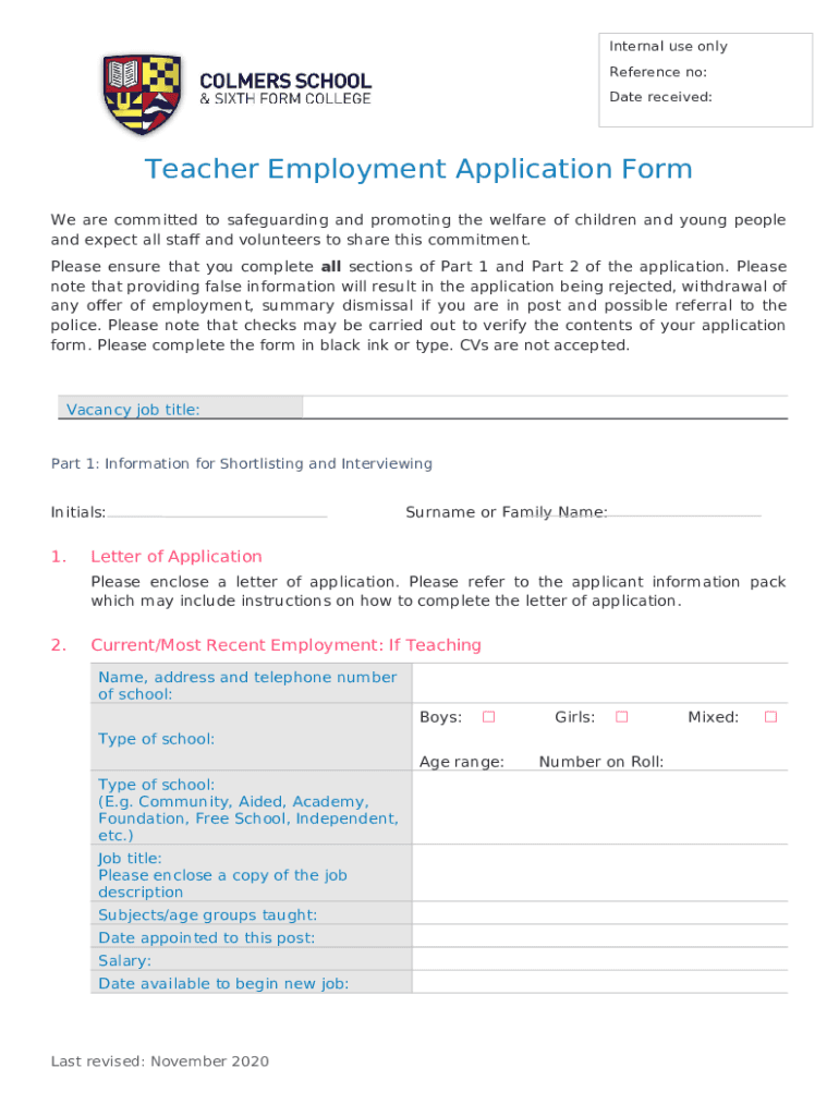 Teacher Employment Application Doc Template | pdfFiller