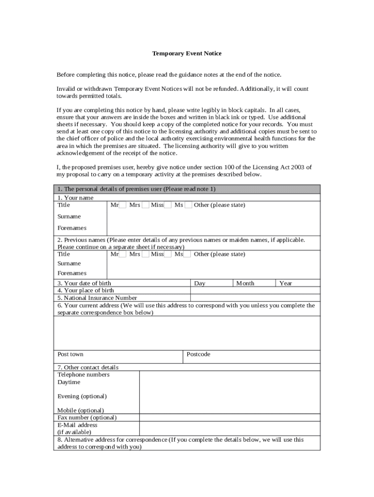 Temporary Event Notices (TENs) Doc Template | pdfFiller