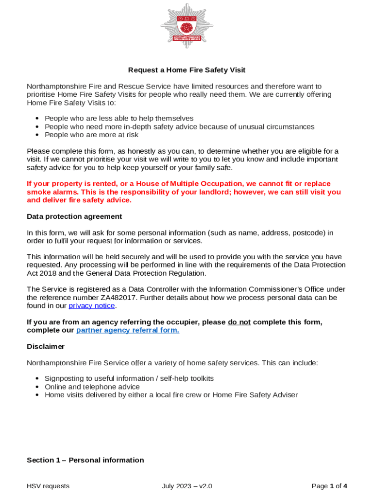 Request a Home Fire Safety Visit Doc Template | pdfFiller