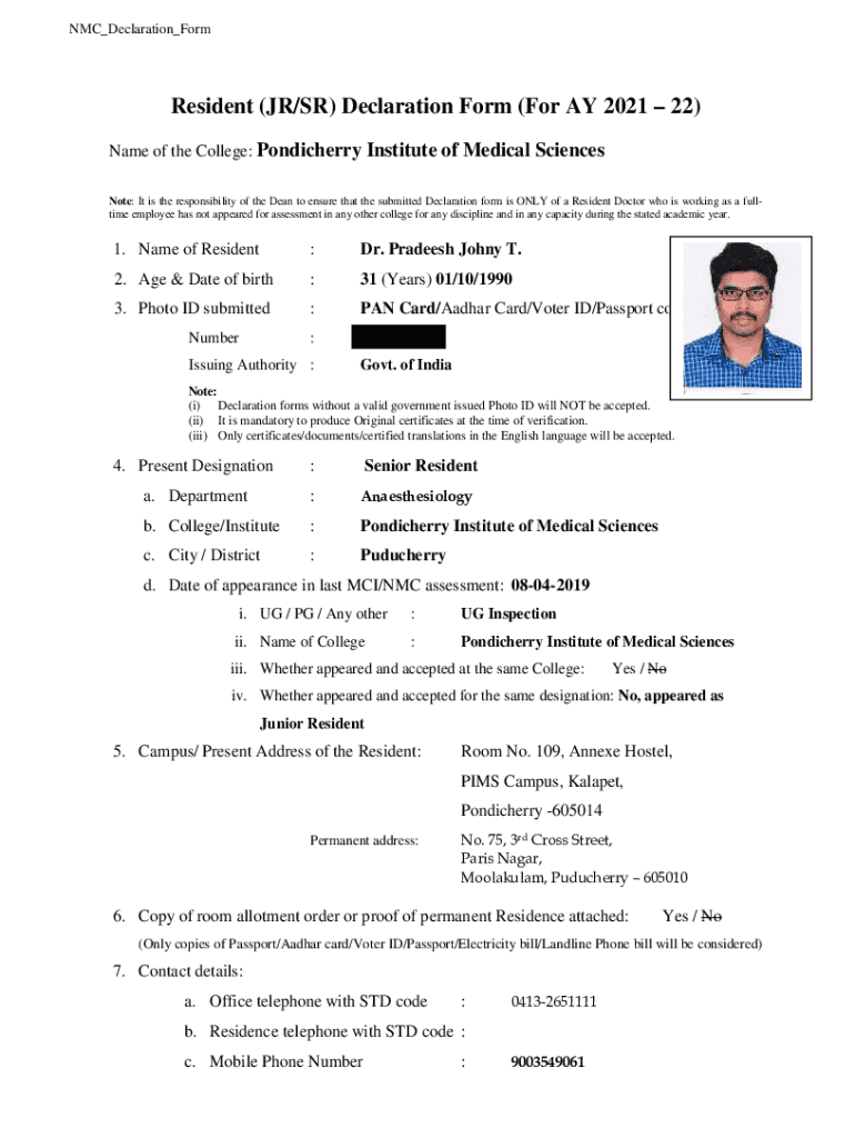 Fillable Online Resident (JR/SR) Declaration Form (For AY 2021 Fax ...