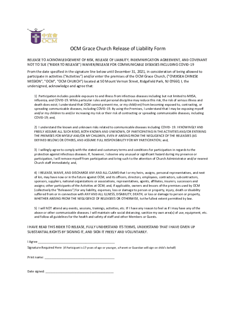 Fillable Online OCM Grace Church Release of Liability Form Fax Email ...