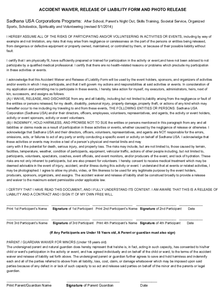 Fillable Online ACCIDENT WAIVER, RELEASE OF LIABILITY FORM AND ... Fax ...