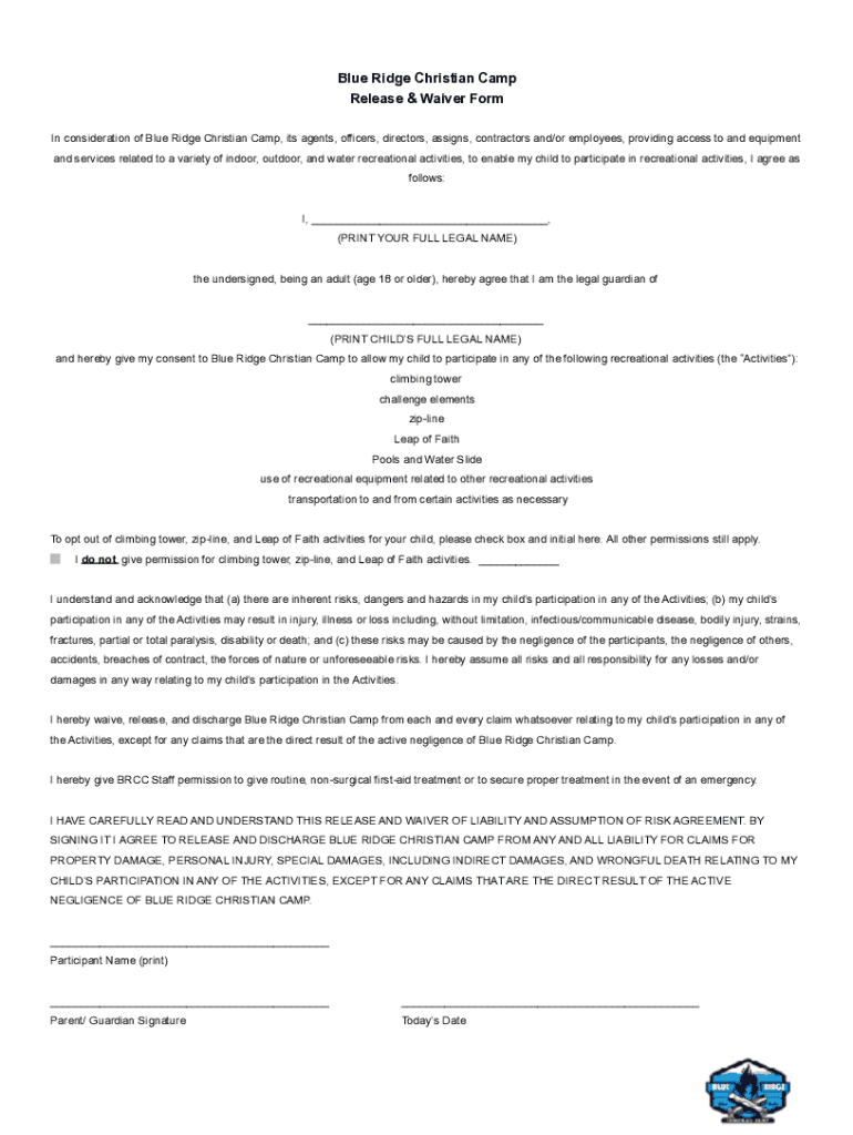 Fillable Online Blue Ridge Christian Camp Release & Waiver Form Fax ...