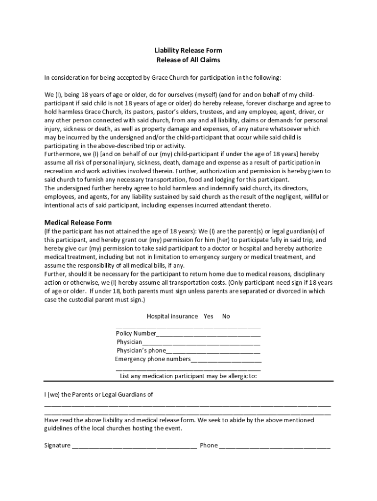 Fillable Online Liability Release Form Release of All Claims Medical ...