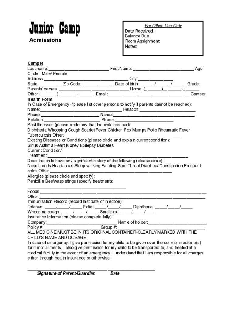 Fillable Online Junior Camp Admissions Form Fax Email Print - pdfFiller