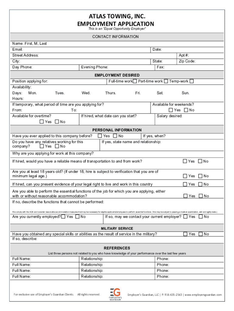 Fillable Online Employment application (2-pp.) - Atlas Door and ...