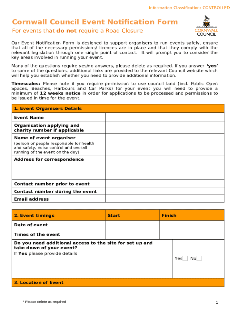Get Cornwall Council Event Notification Doc Template | pdfFiller