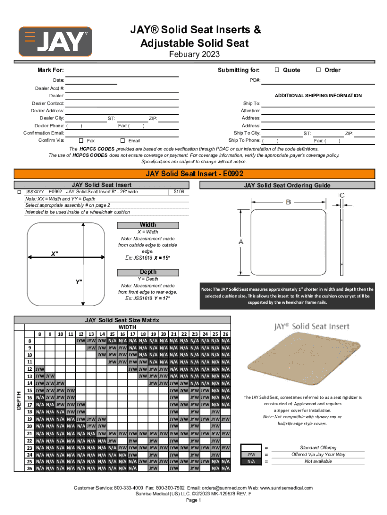 Fillable Online JAY Solid Seat Inserts & Adjustable Solid Seat Fax Email Print - pdfFiller