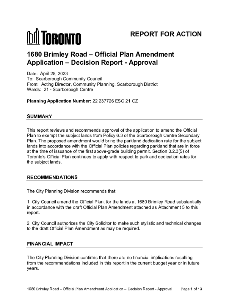 Fillable Online 1680 Brimley RoadOfficial Plan Amendment ...