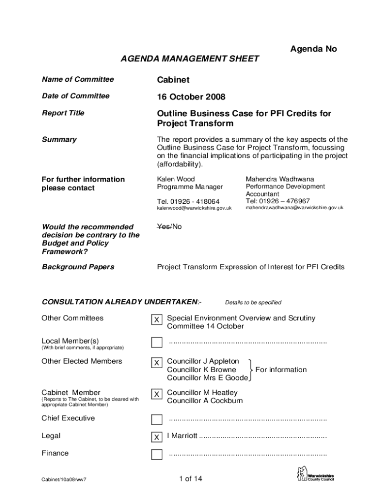 Fillable Online Outline Business Case for PFI Credits for Project ...
