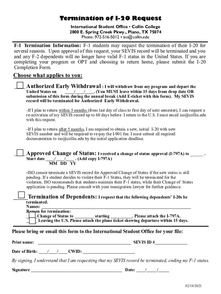 Fillable Online Termination of I-20 Request Fax Email Print - pdfFiller