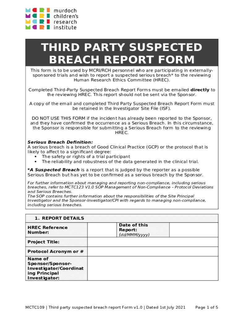 Third Party suspected breach report Doc Template | pdfFiller