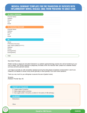 Fillable Online MEDICAL SUMMARY TEMPLATE FOR THE TRANSITION OF ... Fax ...