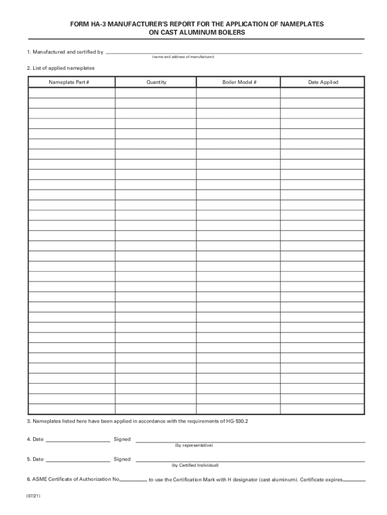 Fillable Online FORM HA-3 MANUFACTURER'S REPORT FOR THE ... Fax Email ...