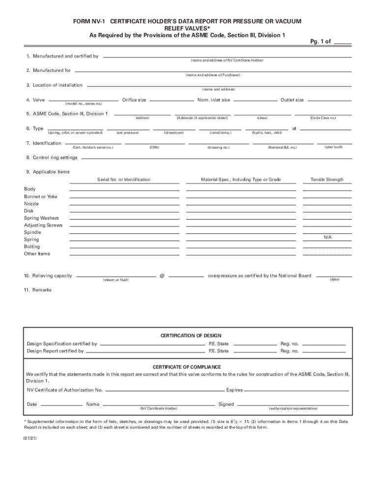 Fillable Online FORM NV-1 CERTIFICATE HOLDER'S DATA REPORT ... Fax ...