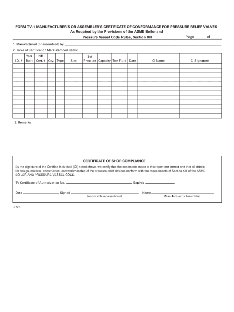 Fillable Online form tv-1 manufacturer's or assembler's certificate of ...