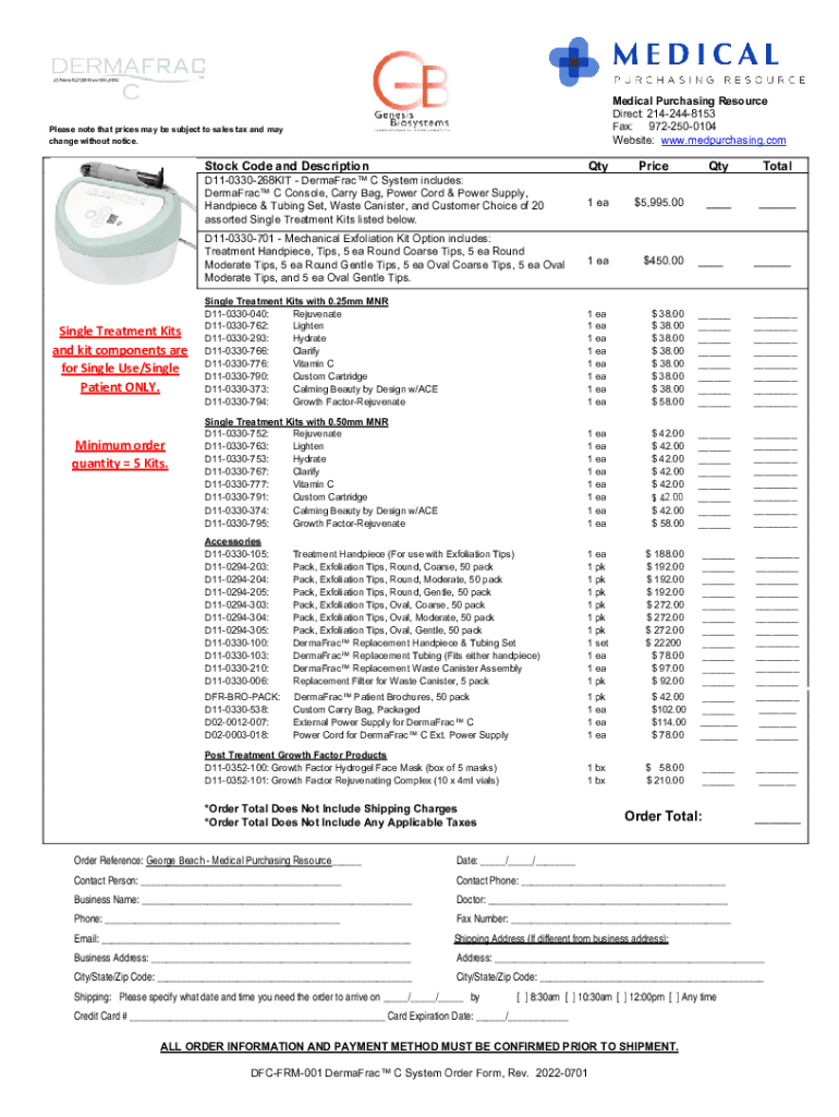 Fillable Online DFC-FRM-001 Rev 2022-0328- DermaFrac C System & Access ...