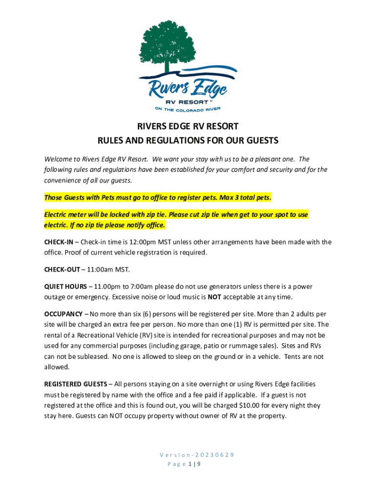 Fillable Online Rules and Regulations - Rivers EdgeRV and Cabin Resort ...