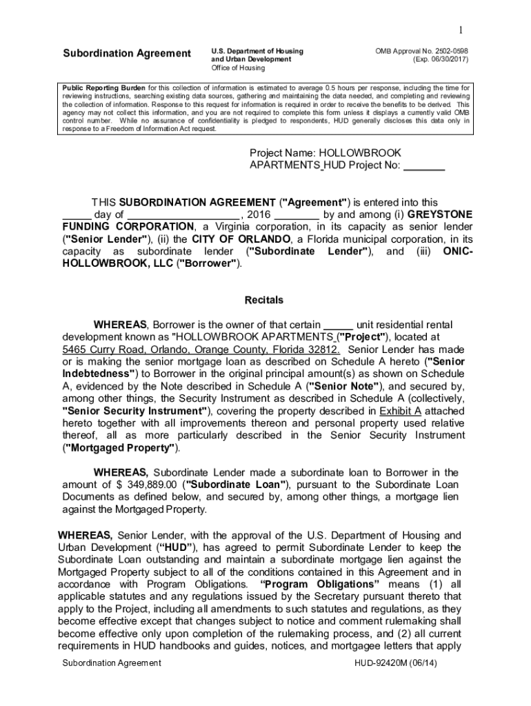 Fillable Online 1 Subordination Agreement U.S. Department of Housing ...