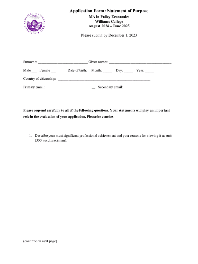 Fillable Online cde williams Application Form: Statement of Purpose Fax ...
