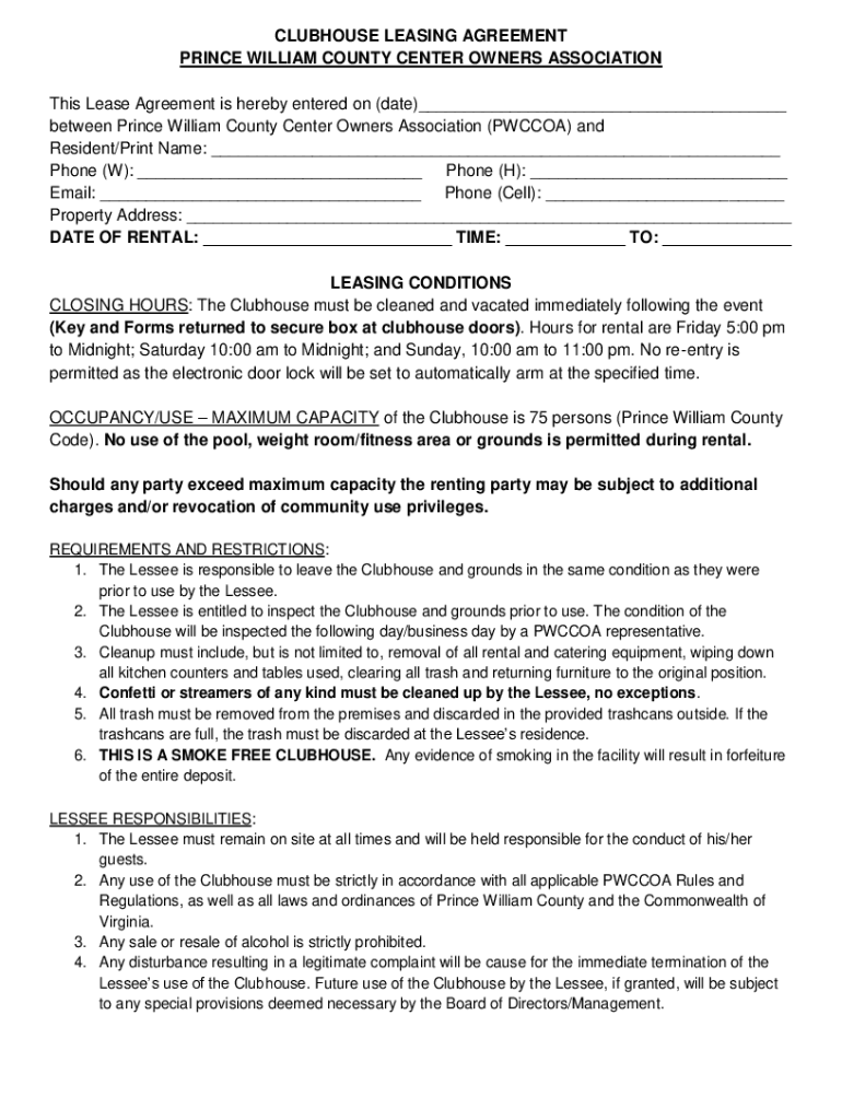 Fillable Online Clubhouse Lease Agreement Prince William County Center ...