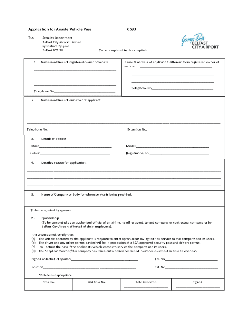Fillable Online Application for Airside Vehicle Pass 0593 To: 6. Fax ...