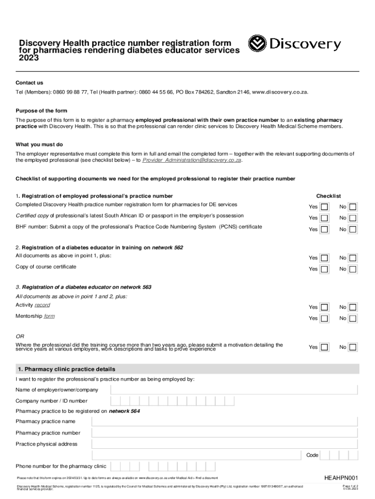 Fillable Online Discovery Health practice number registration form for ...