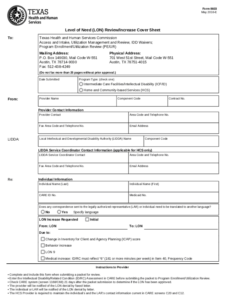 Fillable Online Level of Need (LON) Review/Increase Cover Sheet. Form ...