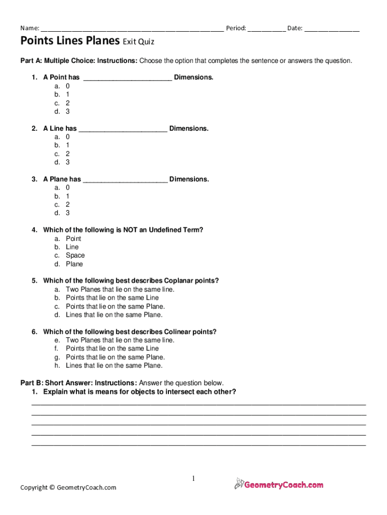 Fillable Online 1-2-Exit-Quiz-STUDENT COPY Points-Lines-and-Planes ...