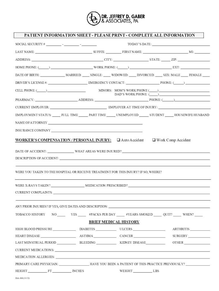 Fillable Online PATIENT INFORMATION SHEET - PLEASE PRINT - COMPLETE ALL ...