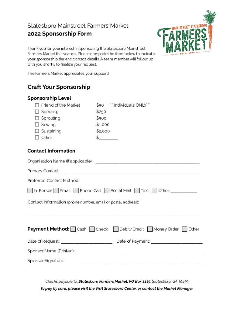 Fillable Online Statesboro Mainstreet Farmers Market Sponsorship Form ...