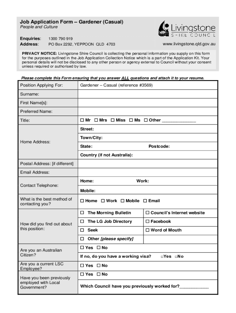 Fillable Online Job Application FormGardener (Casual)Livingstone Shire ...
