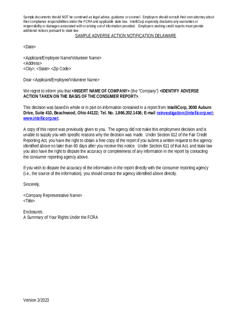 SAMPLE ADVERSE ACTION NOTIFICATION DELAWARE Doc Template | pdfFiller