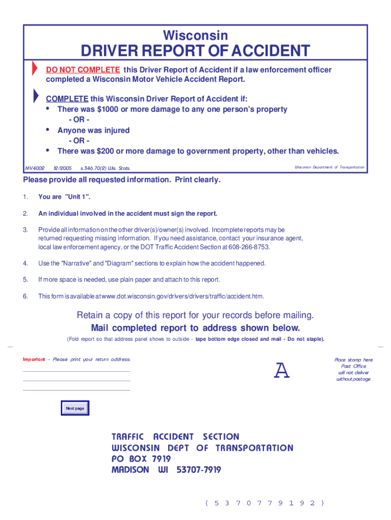 Fillable Online Wisconsin Driver Report of Accident Form (MV4002) Fax ...