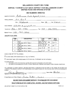 Fillable Online WILLIAMSON COUNTY BID FORM ASPHALT MIXES FOR ... Fax ...