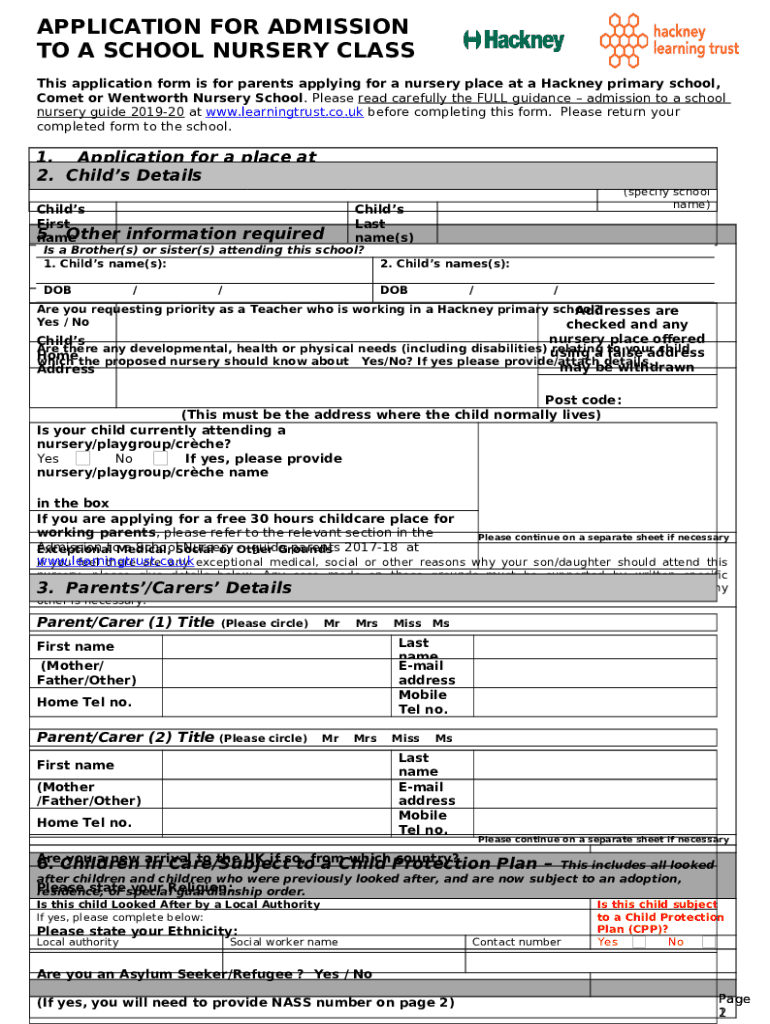 application for admission to a school nursery class Doc Template ...