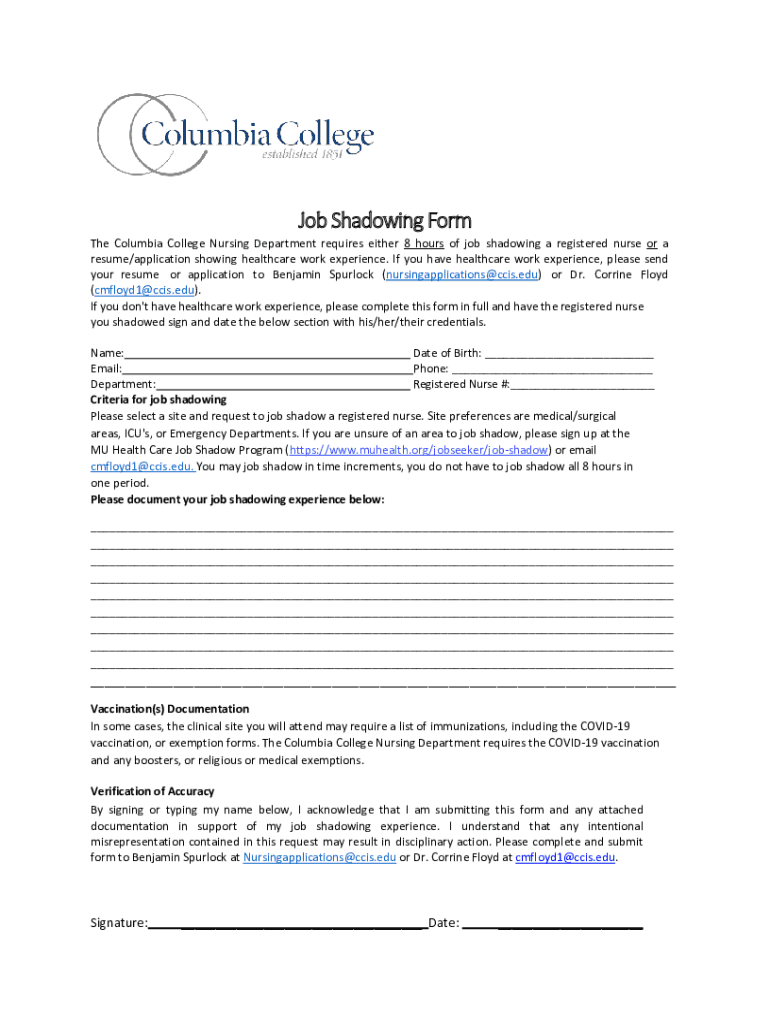 Fillable Online Job Shadowing Form - Columbia College Nursing ...